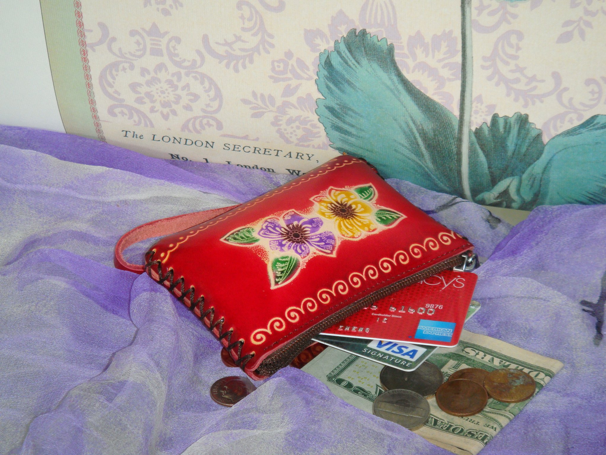 Leather Change Purse,rectangle shape,Hawaii Flower and butterfly Embossed, Handmade wallet,Wristlet and Zipper