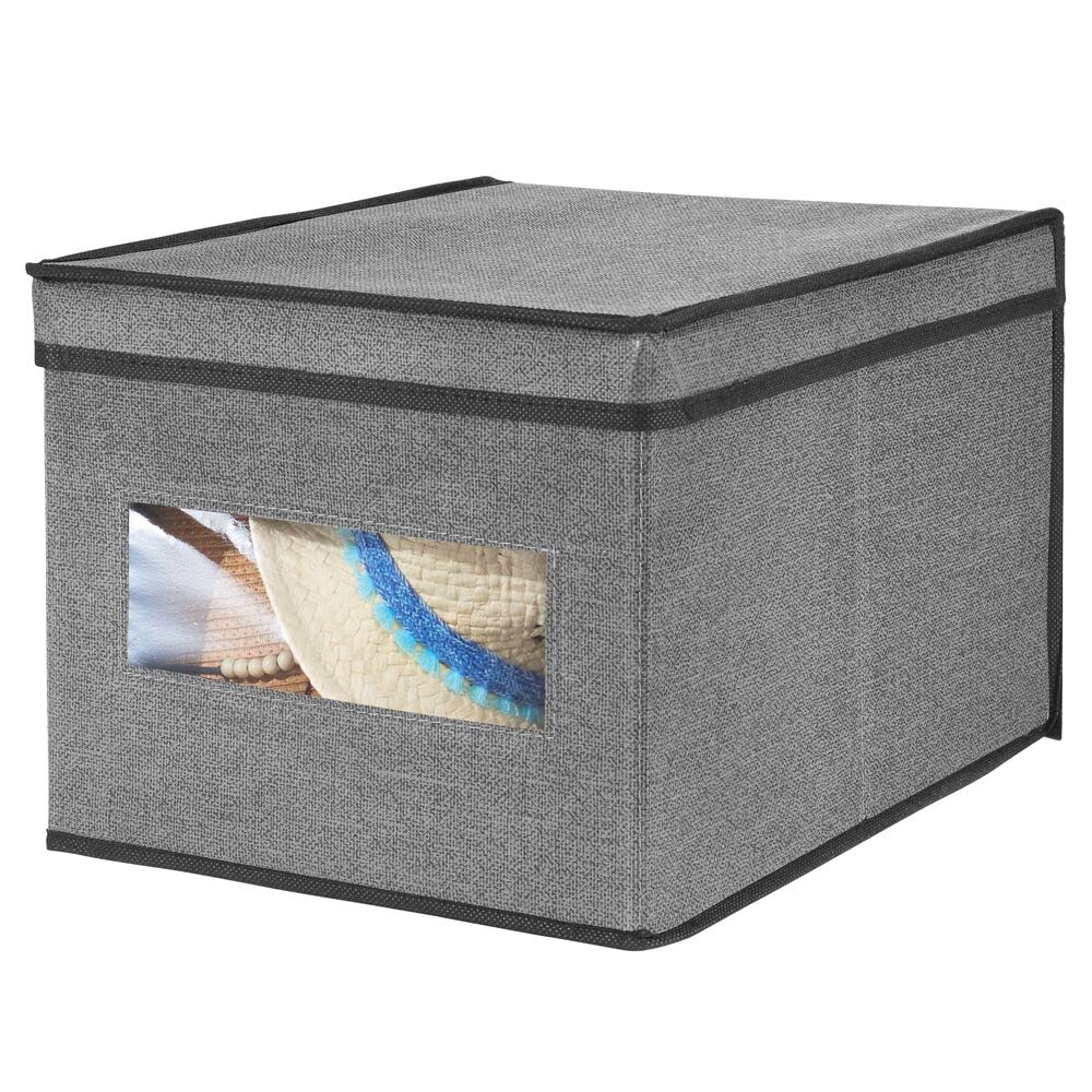 mDesign Large Fabric Stackable Closet Organizer Box with Clear Window/Lid for Bedroom, Office, Bathroom, Mudroom Organization - Shoe, Sweater, Clothes Storage, Lido Collection, Dark Gray/Black
