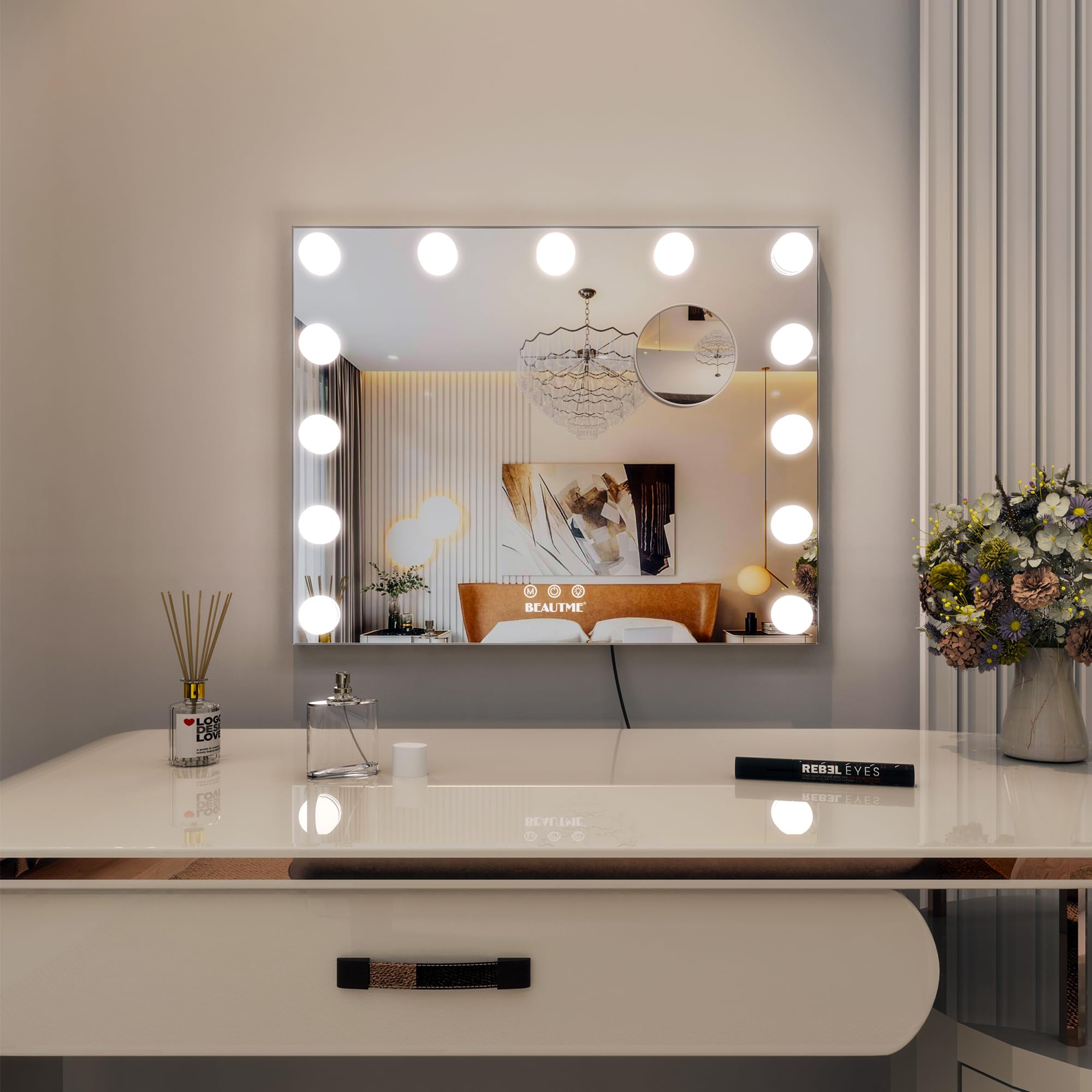 BEAUTME Vanity Mirror Hollywood Mirror with Lights,Led Makeup Mirror with Magnifying Mirror Bedroom Table Mirror/Wall Mounted Mirror Big