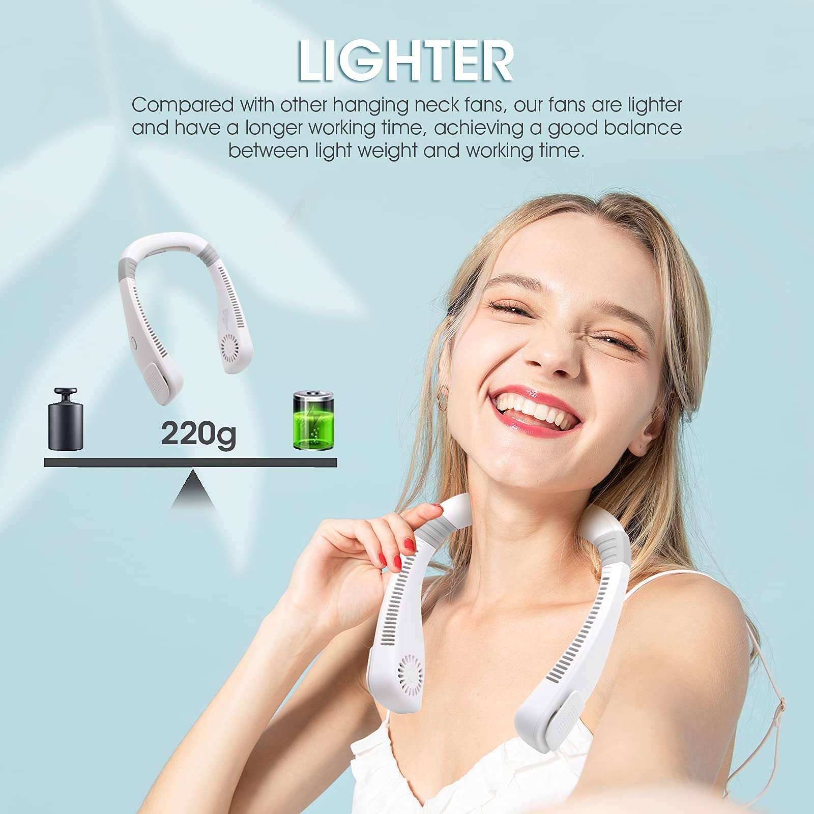 MQUPIN Portable Neck Fan, Hands Free Bladeless Fan, Large Capacity Battery Operated 3 Wind Speed Personal Fan Adjustable,USB Rechargeable for Office,Camping, Hiking, Travel - White