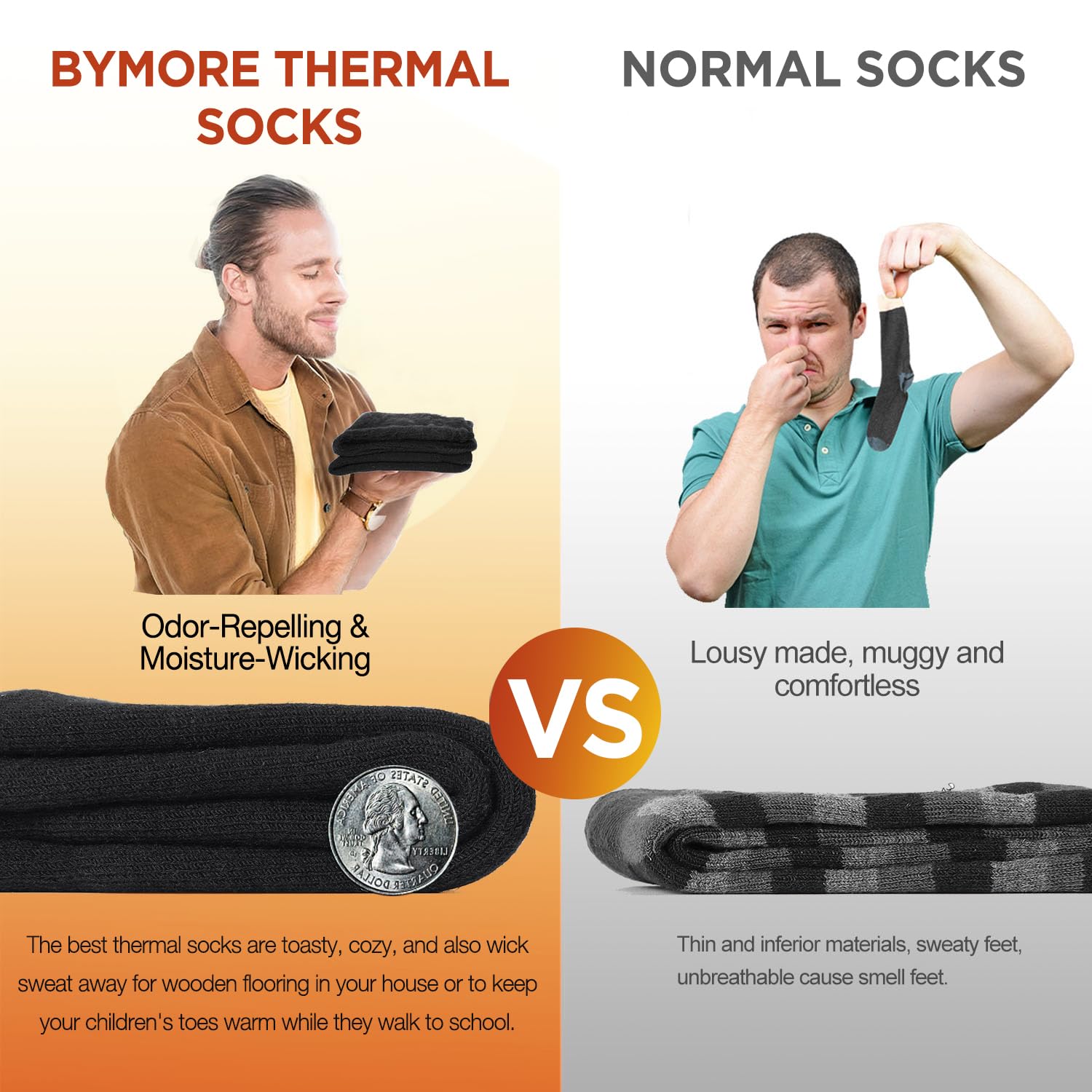 Bymore 2Pairs Thermal Socks for Men,Heated Thick Crew Socks,Warm Winter Socks Insulated Cold Weather