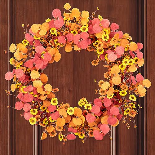 DIYFLORU Fall Wreaths for Front Door 22 inch Autumn Door Wreath Fall Eucalyptus Wreath with Daisy for Thanksgiving Harvest Festival Indoors Outside