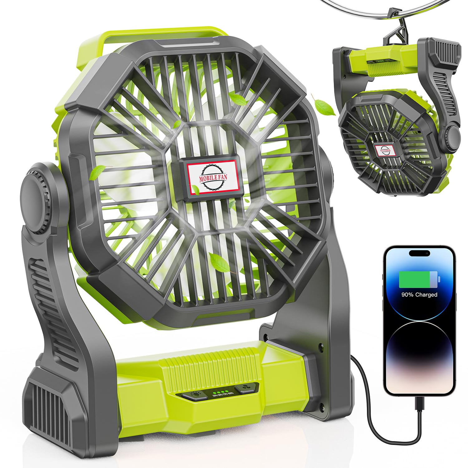 DOWILLDO Camping Fan with LED Lantern, 10400mah Portable Battery Operated Outdoor Fan, Personal Rechargeable Fan for Travel, Hiking, Fishing, Picnic (Green)