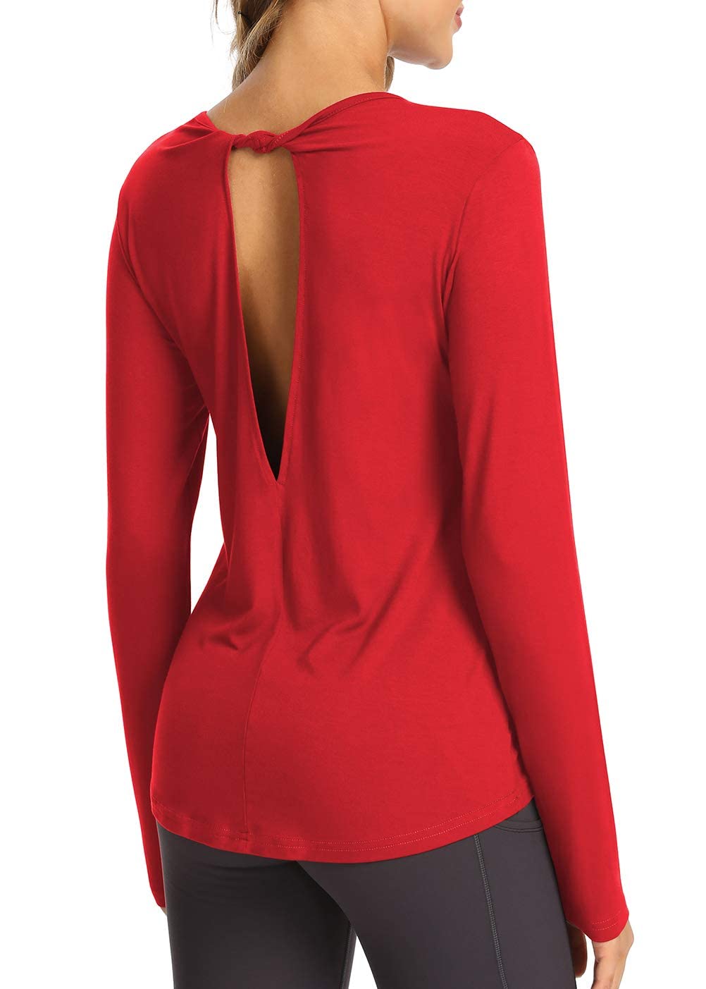 Bestisun Workout Long Sleeve Tops Gym Athletic Long Sleeve Tops Running Gym Dance Wear Thumb Hole Tops Red L