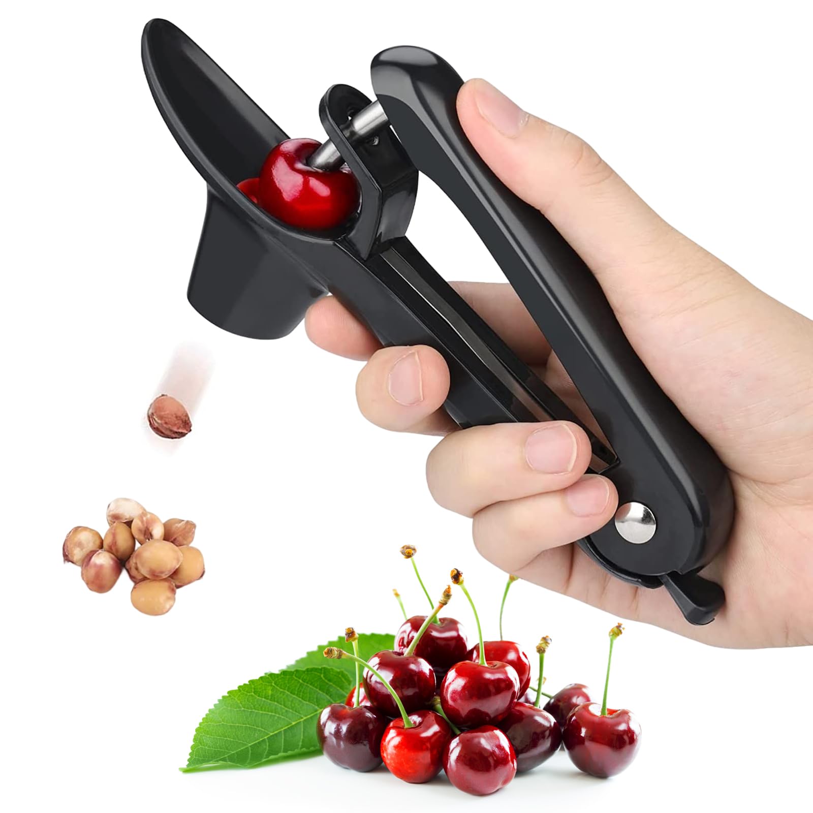 Cherry Pitter - Heavy-Duty Olive and Cherry Pitters Corer Tool with Space-Saving Lock Design, Multi-Function Cherries Stoner Seed Remover Tool for Making Cherry Jam (Black)