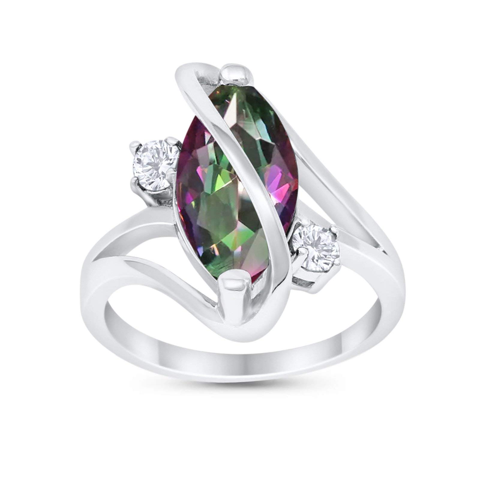 Blue Apple Co. 3 Stone Swirl Fashion Ring Marquise Round Simulated Rainbow Cubic Zirconia 925 Sterling Silver Size-7