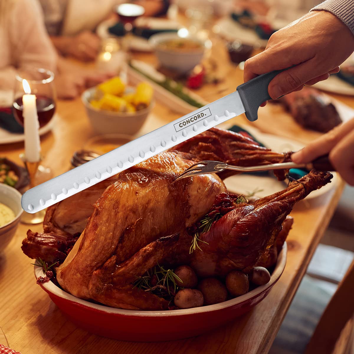 Concord 12" Turkey Slicer Knife with Granton Edge Blade. High Carbon Steel Carving Knife for Meat, Chicken, Turkey, Poultry, Salmon, and More!