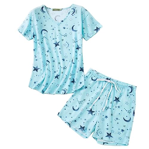 ENJOYNIGHT Women's Pajama Set Short Sleeve Shirt and Shorts Sleepwear V Neck Pjs with Pockets (X-Large, Star)