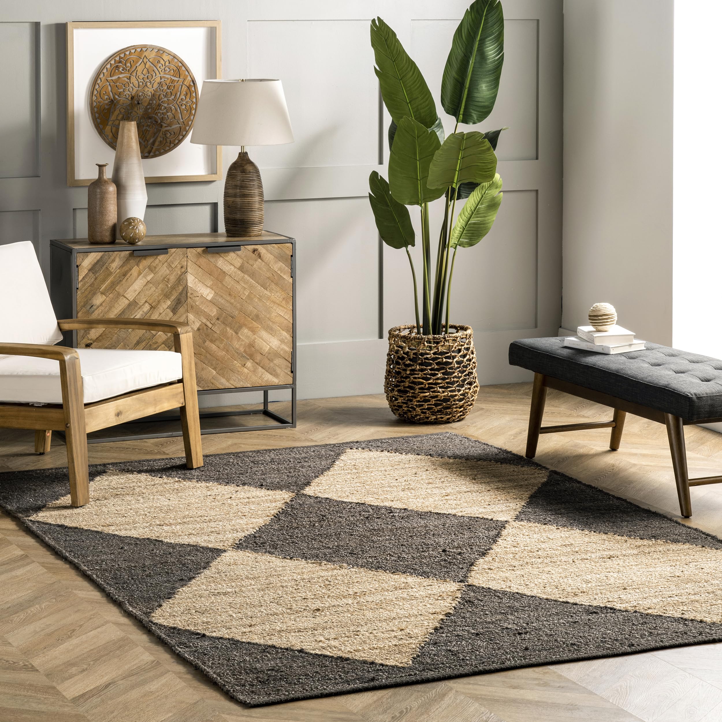 nuLOOM Pandora Diamond Jute Area Rug - 4x6 Jute Area Rug Global Inspired Black/Ivory Rugs for Dining Room Rug Neutral Rug Living Room Rug Kitchen