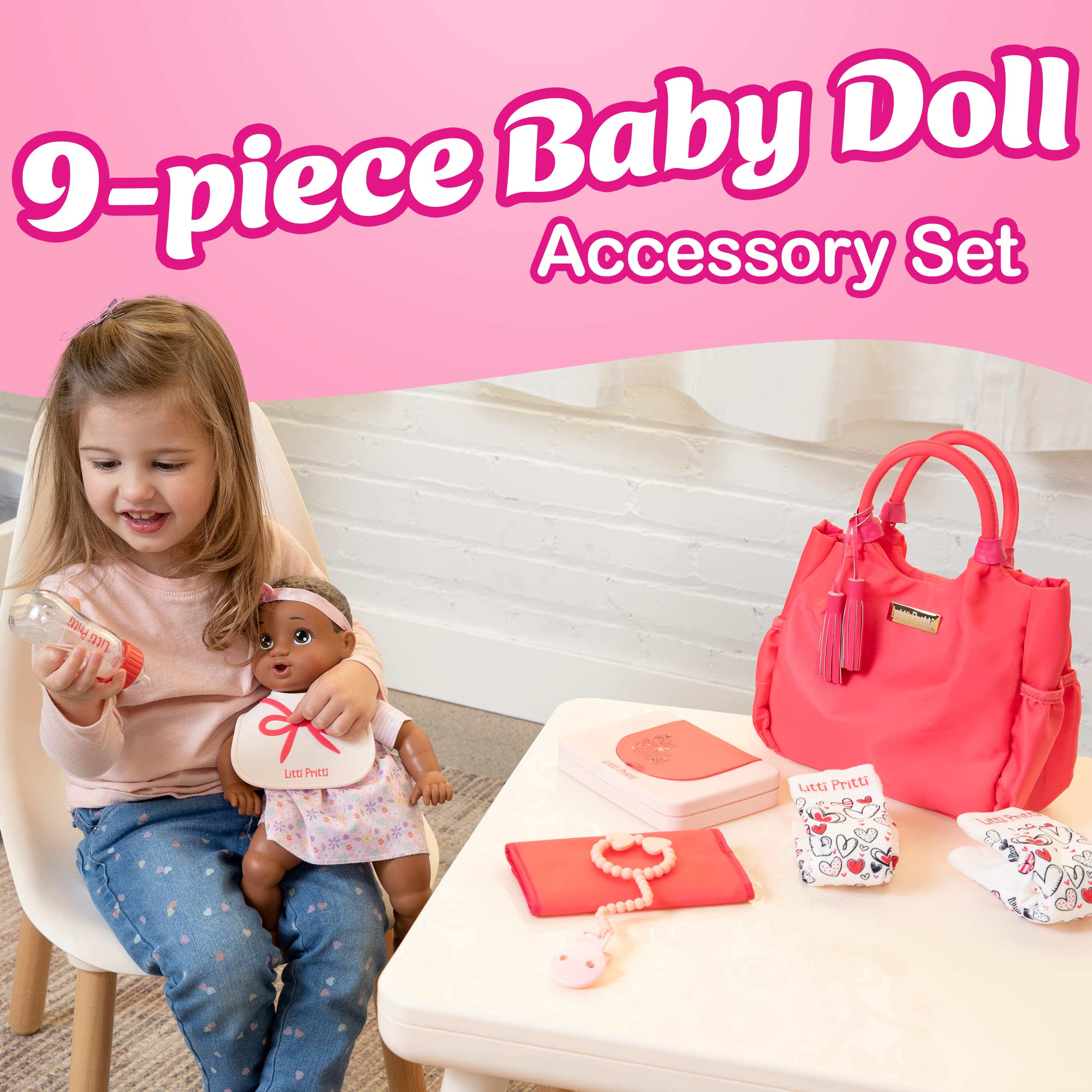 Litti Pritti Baby Doll Accessories Set - 9-Piece Diaper Bag Playset with Baby Doll Diapers, Magic Bottle, Silicone Bib, Wipes, Teether, Changing Pad, and More - Baby Doll Stuff for Ages 3-8 Years