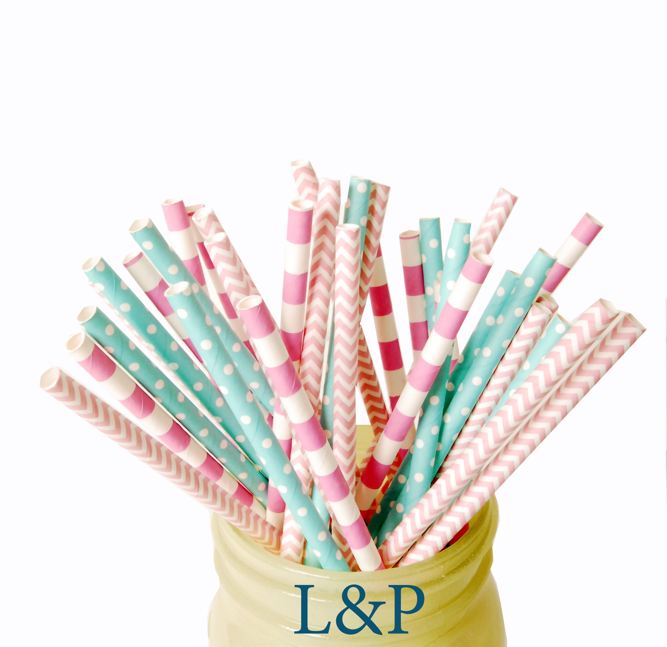 Charmed paper straw in aqua pink and hot candy pink stripe and polka dot (Pack of 75)