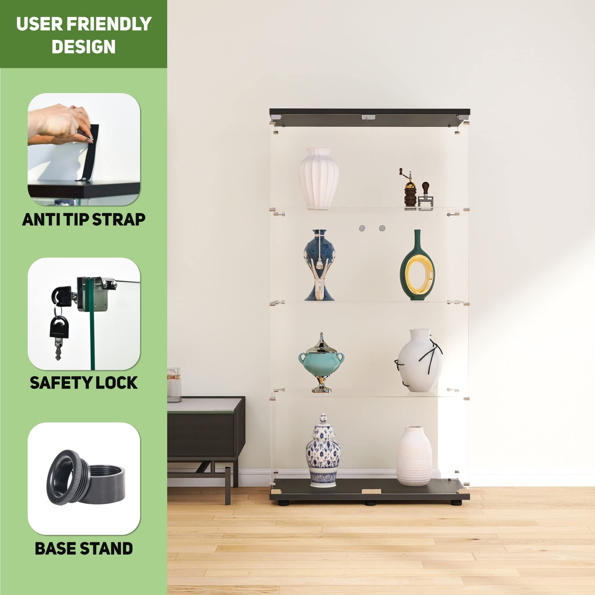Beauty4U Glass Display Cabinet with 4 Shelves, 2 Doors Curio Cabinets for Living Room, Bedroom, Office, Black Floor Standing Glass Bookshelf, Quick Installation