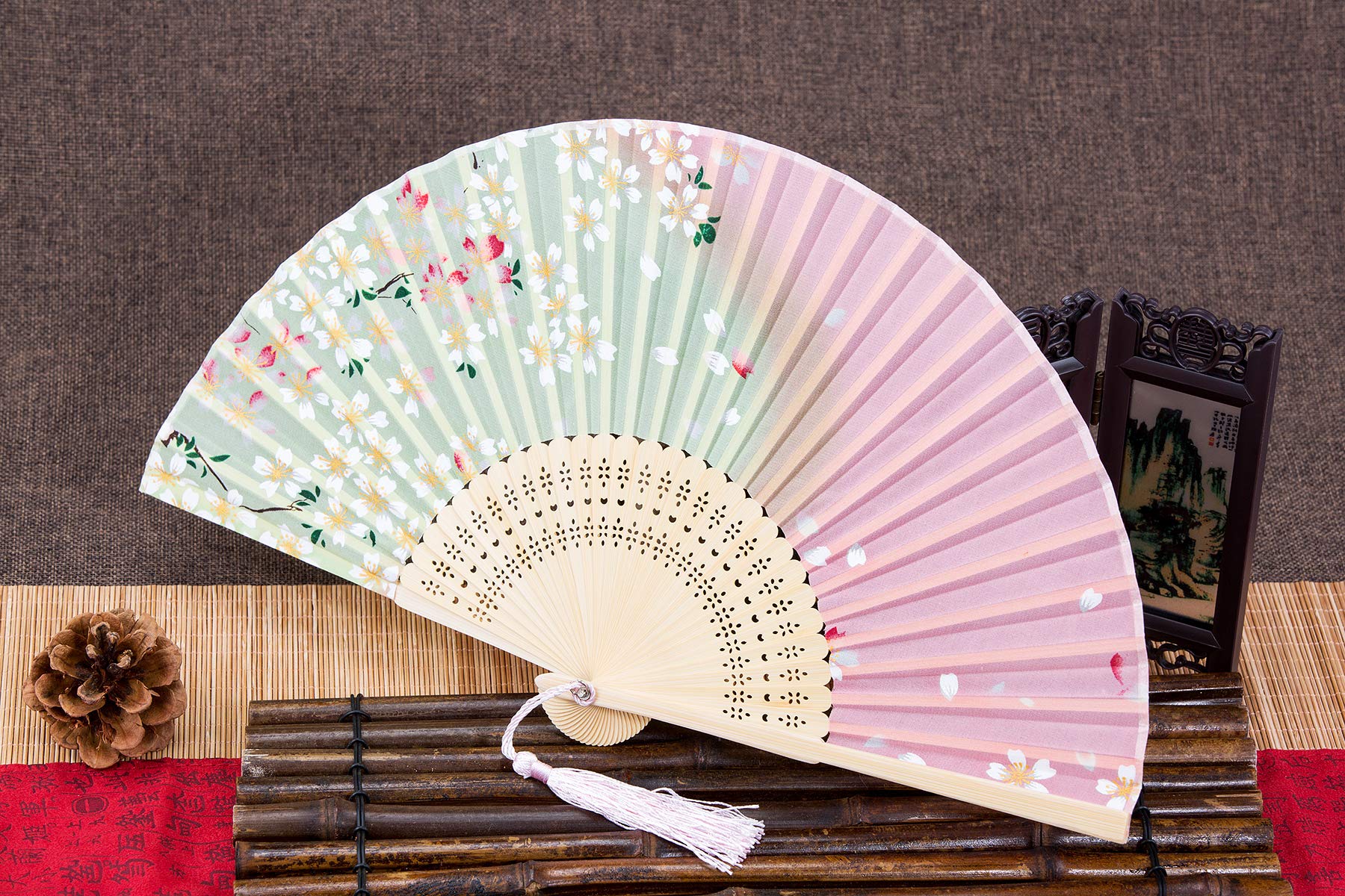BingGoGo Hand Fan Women Folding Hand Held Silk Fan,8.27"(21cm) Hand Held Folding Fans,Chinese/Japanese Vintage Retro Style,Gift Box Packaging (Pink-3)