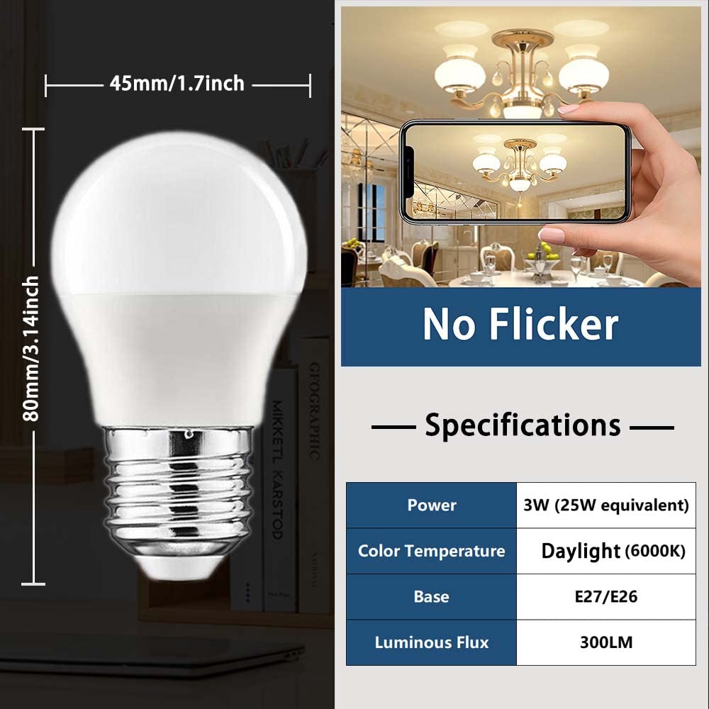 Welitesim A15 LED Light Bulbs 3W Equivalent 25 Watt Daylight White 6000K E26 Base 120V A15 3W Bulbs for Bedroom Living Room Home Office Not Dimmable (Pack of 6) (Φ1.7*H3.1 inch