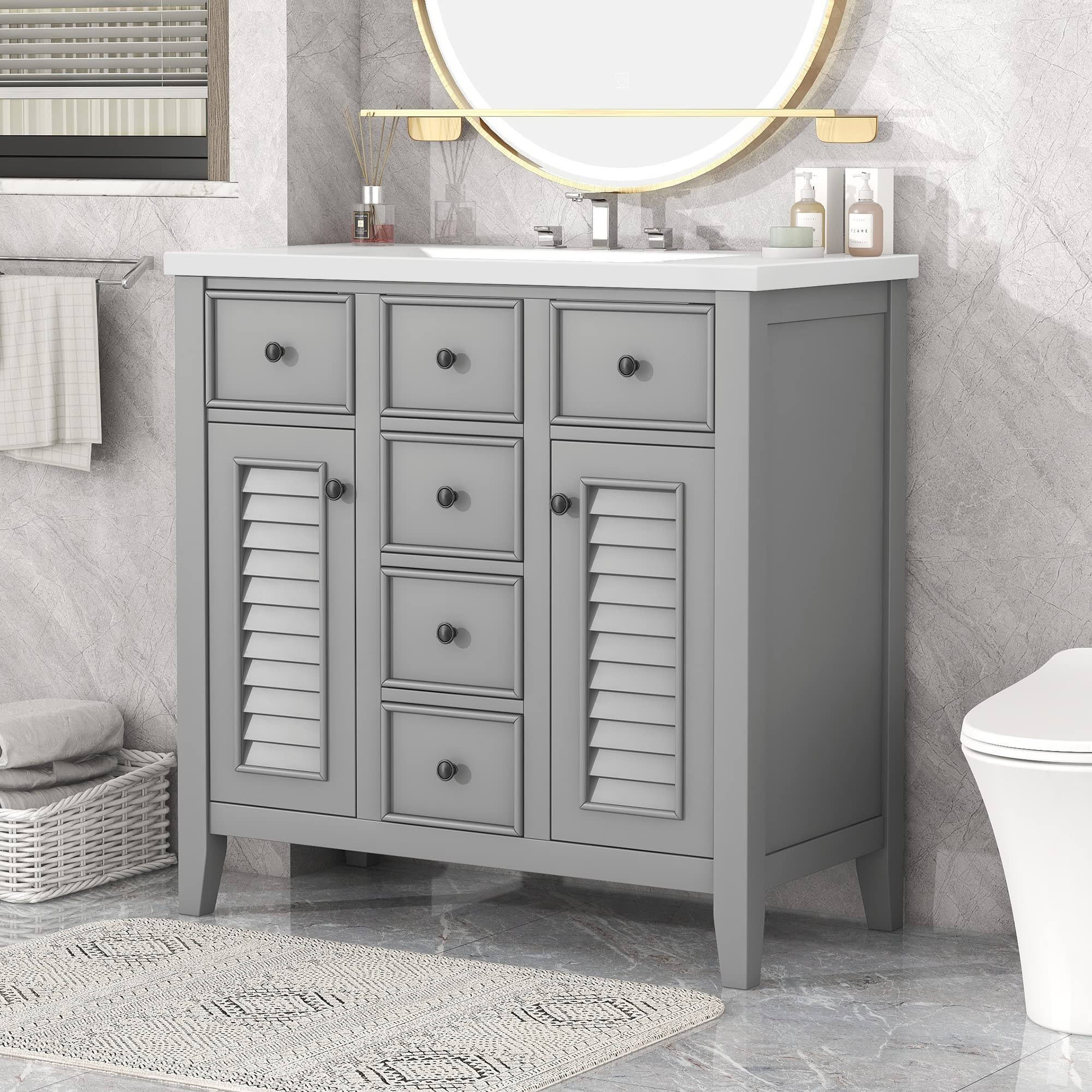 Entcook 36" Bathroom Vanity with Top and Sink, Single Vanity with 2 Cabinets and Five Drawers, Solid Wood Frame, Solid Wood Bathroom Cabinet with Ceramic Sink