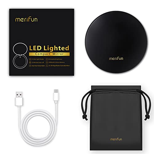 LED Lighted Travel Makeup Mirror, Rechargeable Large 5" 1x/10x Magnifying- Medical Grade LED, 3 Colors Settings & Brightness Adjustable- Portable, Touch Screen Compact Mirror w/Brighter Light (Black)