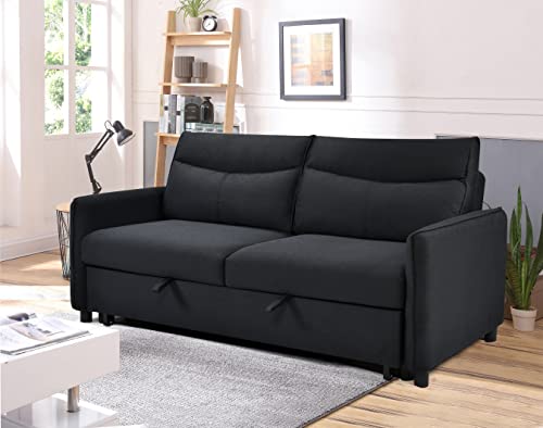 ERYE 3-in-1 Tufted Futon Loveseat Convertible Sleeper Bed W/Pull Out Sleep Daybed, Functional Reclining Backrest Love Seat Sofa & Couch for Living Room Sofabed, Queen, Black W/ 2 Pillows