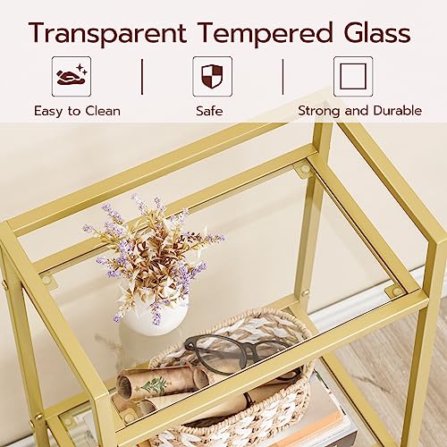 HOOBRO Gold Bookshelf, 3-Tier TemperedĀ Glass Bookcase, Bathroom Storage Stand, Record Storage Rack with Side Guards, Strong and Durable, for Bathroom, Bedroom, Living Room Modern Style, Gold GD77CJ01