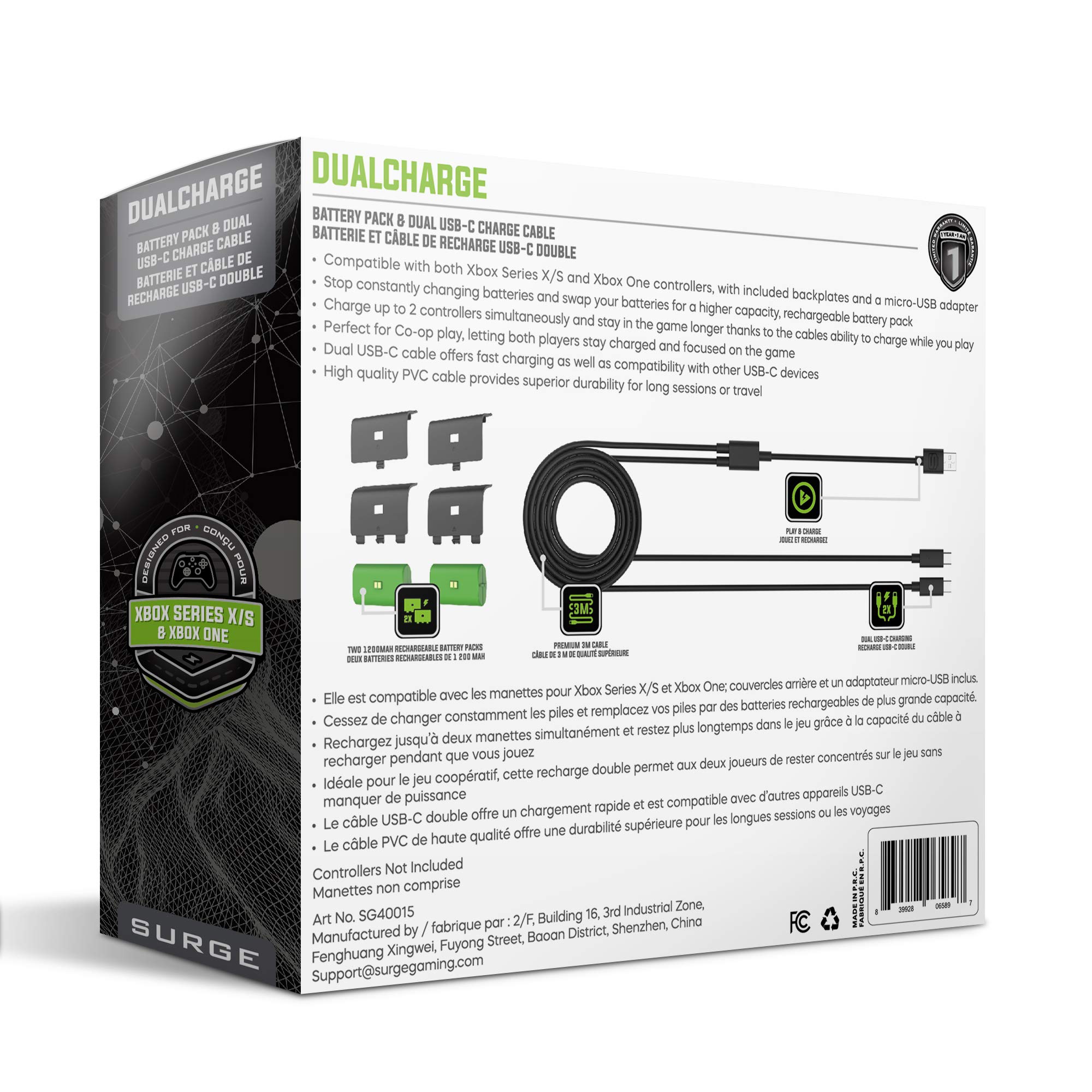 Play & Charge Kit for Xbox Series X|S & Xbox One Controllers - Surge DualCharge, 2x 1200mAh Rechargeable Battery Packs, Charge Cable (3m/10ft) USB-A to USB-C, Controller Backplates, Micro-USB Adapter