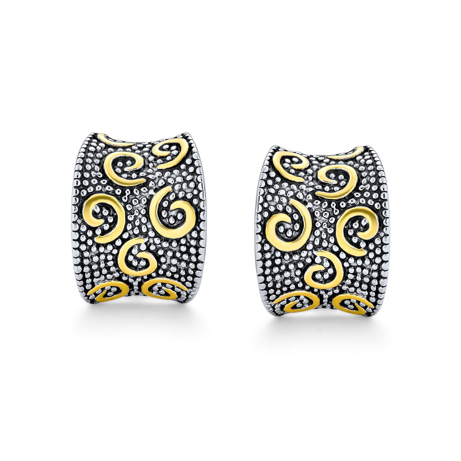 Bali Style Swirl Two Tone Wide Concave Half Hoop Clip On Earrings Non Pierced Ears Black Sliver Gold Plated Brass