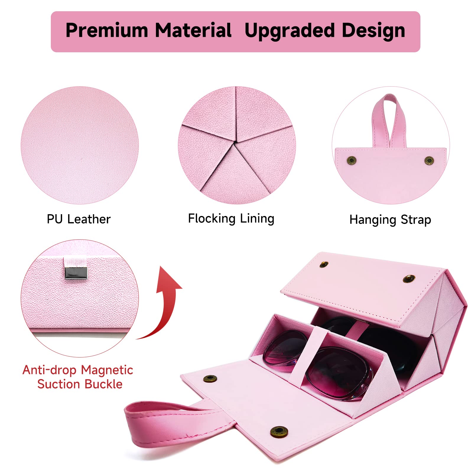 BBKON Sunglasses Organizer with 5 Slots, Travel Glasses Case, Portable Eyeglasses Holder Storage Box for Men Women (Pink)