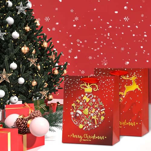 Eisyaa 10PCS Christmas Gift Bags Assorted Sizes, Paper Bags for Gift Bulk with 2 Extra Large Gift Bags, 4 Large and 4 Medium Size, Heavy Duty Red&Gold Foil Xmas gift bags (Assorted Sizes-10PCS)