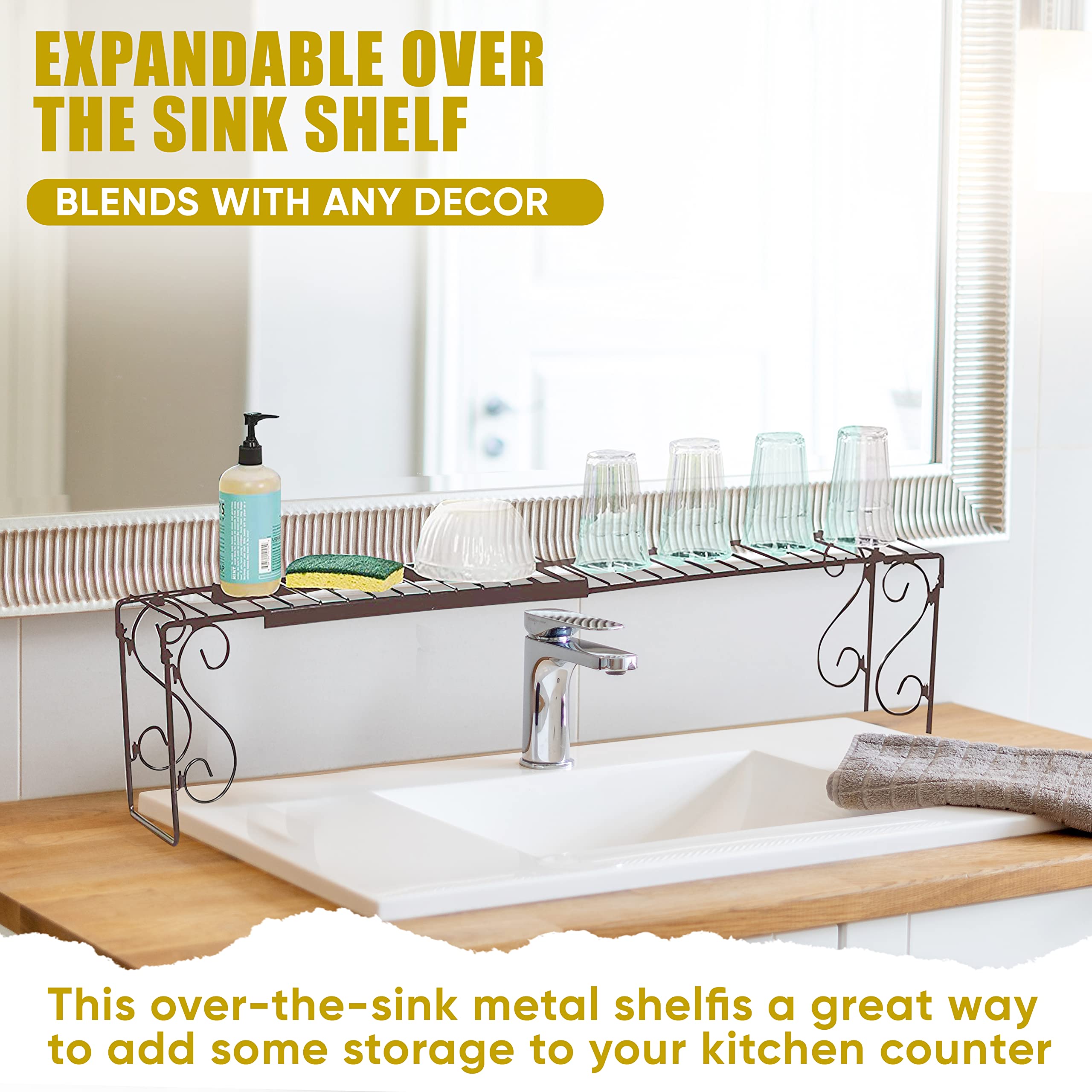 Kovot Expandable Over The Sink Shelf Extends in length from 24.5" to 40.75" | Add additional storage for soaps, cleansers, sponges and more 8.5" H x 5.75" D (Bronze)