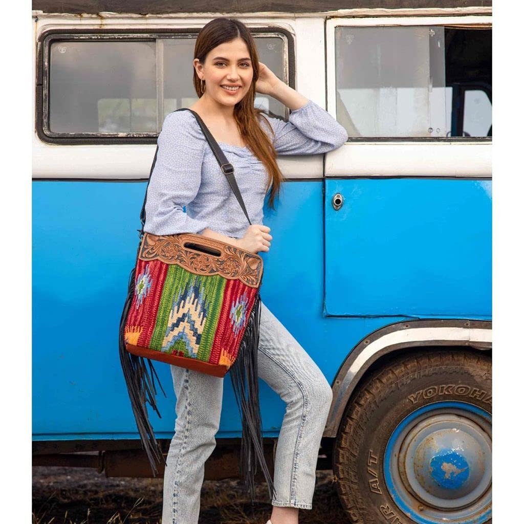 Myra Bag Jardin Hand-Tooled Bag Upcycled Cotton & Leather S-3057