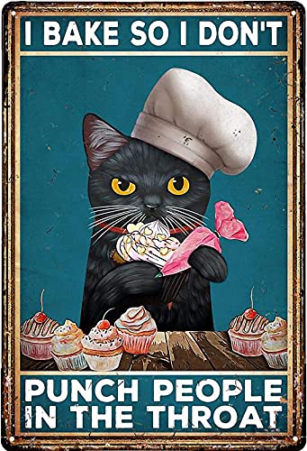 RIFOSA Vintage Metal Tin Sign Black cat I Bake so I DonââŹâ˘t Punch People in Throat Tin Sign Home Pub Coffee Shop Wall Decoration Retro Metal Plate 5.58 Inch, 8X5.5IN
