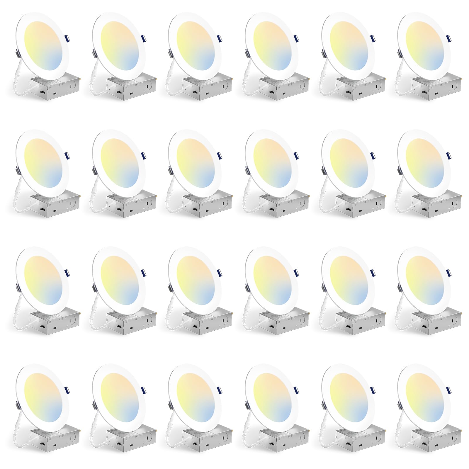 BBOUNDER 24 Pack 6 Inch 5CCT Ultra-Thin LED Recessed Ceiling Light with Junction Box, 2700K/3000K/3500K/4000K/5000K Selectable, 12W Eqv 110W, Dimmable Canless Wafer Downlight, 1050LM - ETL&FCC