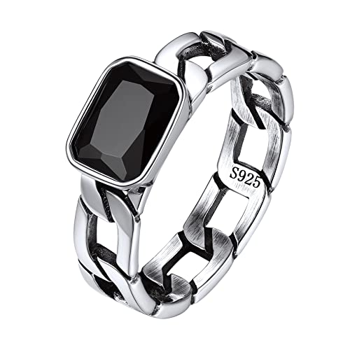 Bestyle Silver Black Onyx Ring - Sterling Silver Band Ring Index Middle Finger Stacking Doom Ring, Cuban Link Chain Band Ring with Black Crystal, Great Birthday Gift for Her, Size 8