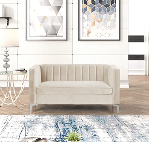 Morden Fort Velvet Loveseat Contemporary Loveast Sofa with Metal Legs Home Theater Upholstered Modern Chesterfield Loveast Sofa Furniture for Living Room Office Bedroom Apartment, Beige