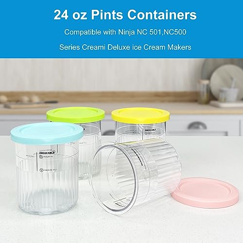 CUTIECLUB 4 Ice Cream Pint Containers 24oz and Lids for Ninja Creami NC500 NC501 Series Deluxe ice Cream Makers, and 12 Pack 5 oz Square Clear Plastic Dessert Cups with Spoons Set
