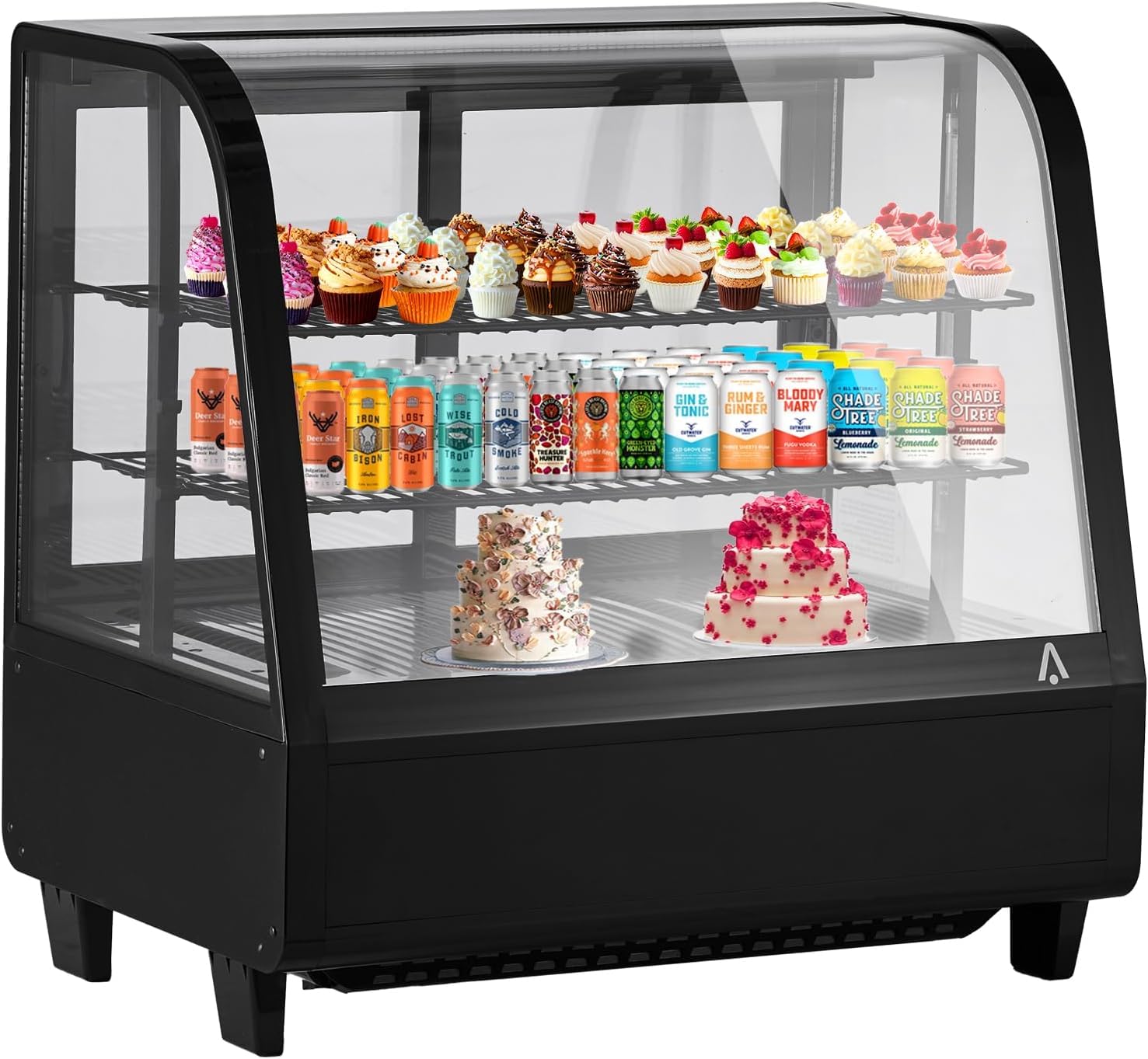 Commercial Fridge Display Refrigerator, 3.6 Cu.Ft./100L Commercial Cake Display Refrigerator, Countertop Refrigerator Display Case with Tempered Glass Door, 2 LED Light and 2 Adjustable Shelves, Black