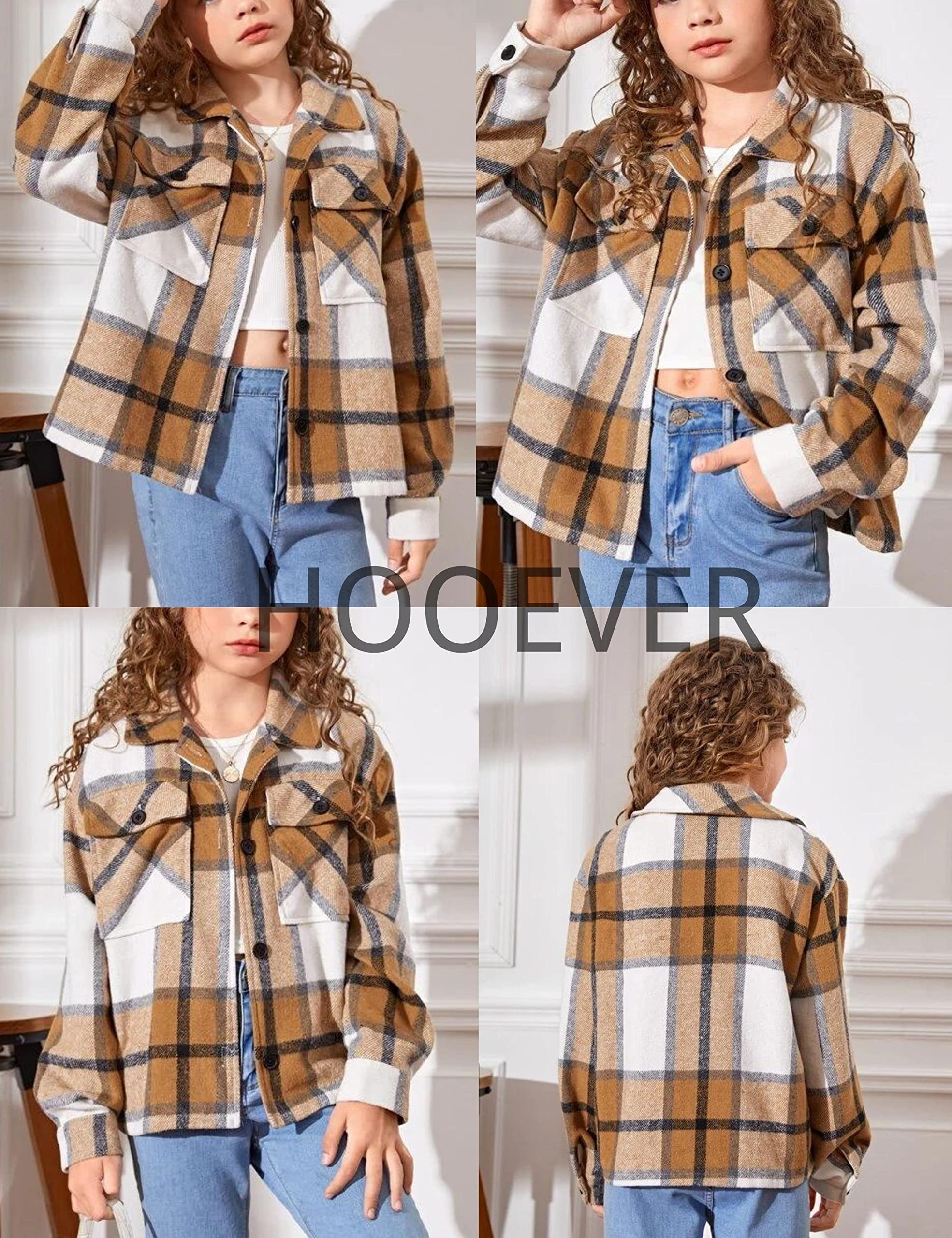 Hooever Girl's Boy's Brushed Plaid Shirts Pockets Button Down Plaid Flannel Shacket (Khaki, 4T)