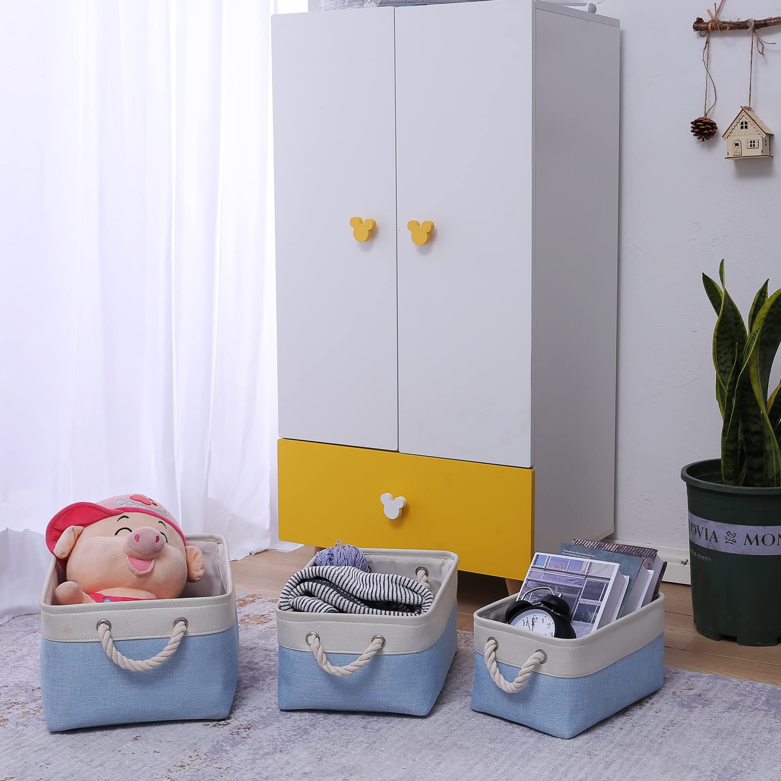 Fabric Storage Basket, Foldable Linen Storage Box for Nursery and Home, Collapsible Canvas Shelf Basket for Wardrobe or Bedroom, Blue and White
