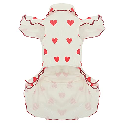 Dog Ruffle Dress Double-Deck Tutu Outfit Skirt with Red Heart Pattern for Small Medium Girl Dogs Christmas Holiday Party (White, S)