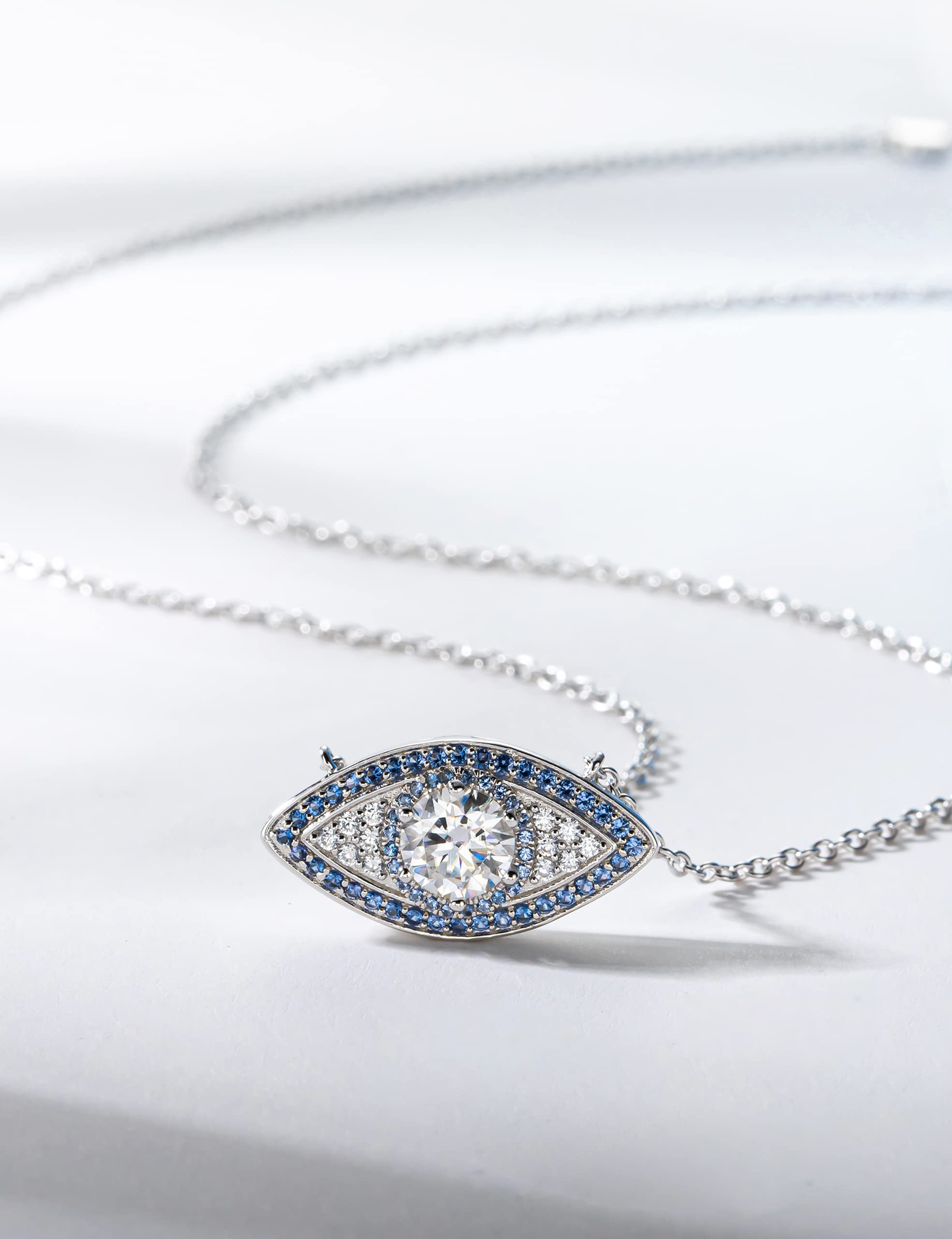 CannyCat Moissanite Evil Eye Pendant Necklace 1.2 CTTW D color VVS Moissanite and Sapphire Necklaces Lab Created Diamond Platinum Plated Sterling Silver Chain 16β+2β Lucky Gift for Women