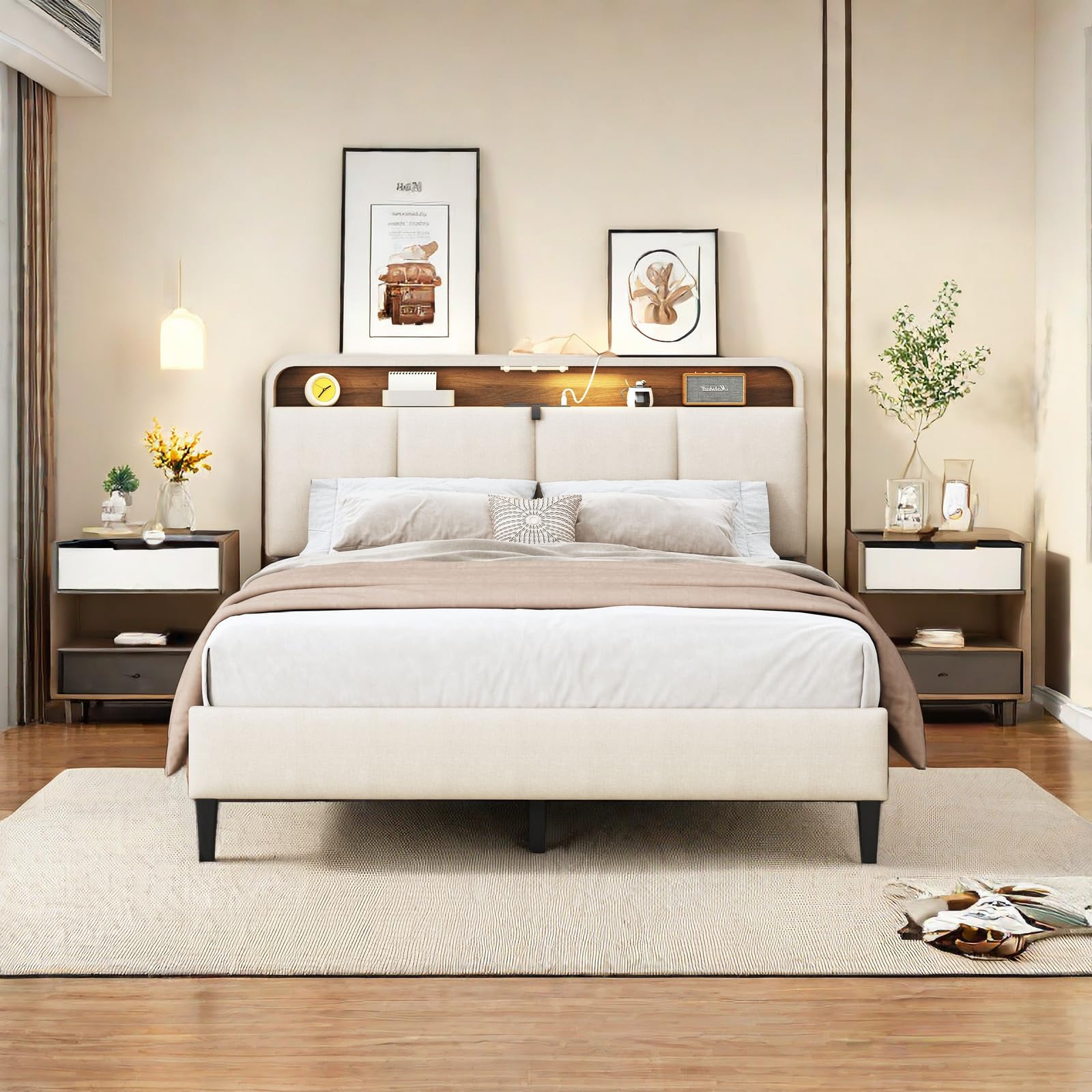 ChicFurnit Full Size Upholstered Platform Bed with Storage Headboard, Sensor Light and a Set of Sockets and USB Ports, Linen Fabric, Beige