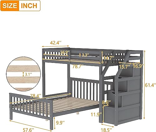 Harper & Bright Designs Twin Over Full Bunk Beds with Storage Stairs, Wooden Stairway Bunk Beds with Removable Bottom Bed and Guardrails for Kids Girls Boys,No Box Spring Needed (Grey)