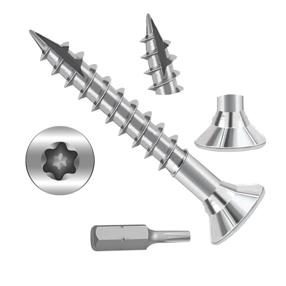 JOUGU Wood Screws #14 Ă 2-1/4 inch Torx Star Drive Deck Screws Flat Head M6 Ă 60 Countersunk T30 Self Tapping Thread Cut 5LB Carbon Steel Galvanized (300PCS, Big Box)