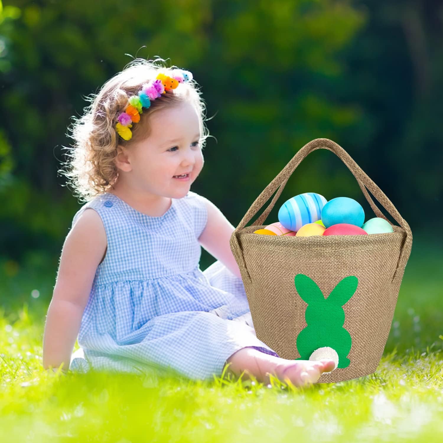 Leesgel Easter Baskets for Kids, Bunny Basket Easter Egg Hunt Baskets, Rabbit Buckets Large Easter Basket Gifts Bags for Boys Girls (Green)