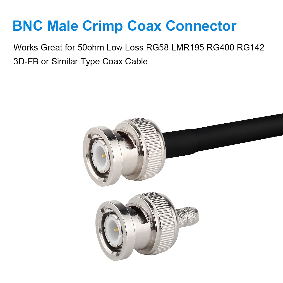 MOOKEERF 10 Pack 50 Ohm BNC Male Crimp Connector,BNC/Q9 Connector for RG58/RG142/RG400/LMR195/KSR195/3D-FB Cable