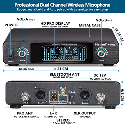 Bietrun Wireless Microphone with Headset Mic and Handheld Mic System, UHF 240ft Range, Pro-Rechargeable Dual Channel Cordless Mic Set with Bluetooth for Church, Speech, Teaching(Plug and Play)
