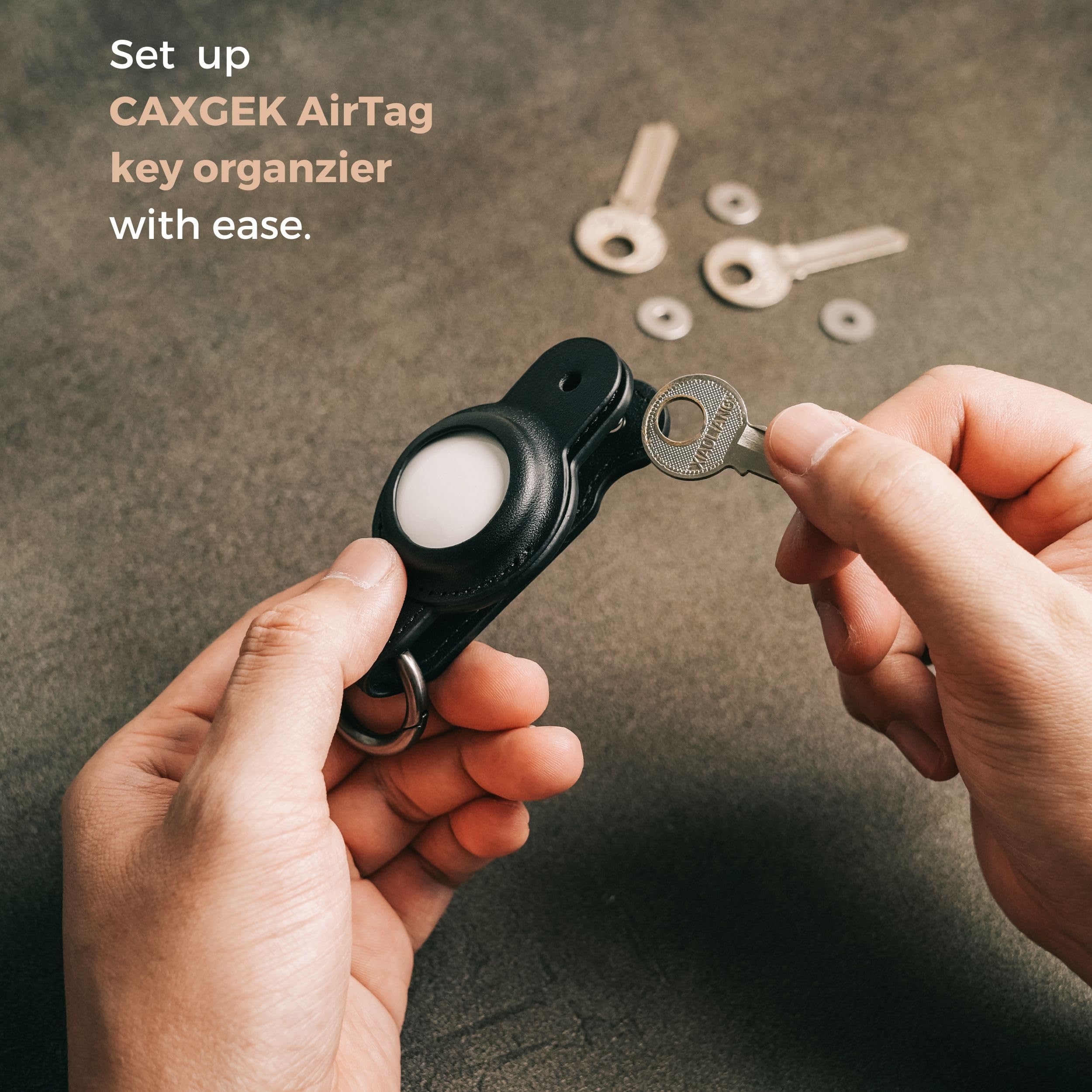 CAXGEK Air Tag Key Organizer, Compact Leather Keychain for Apple AirTag, Key Holder and Case with Keyring. [Black, without Airtag]