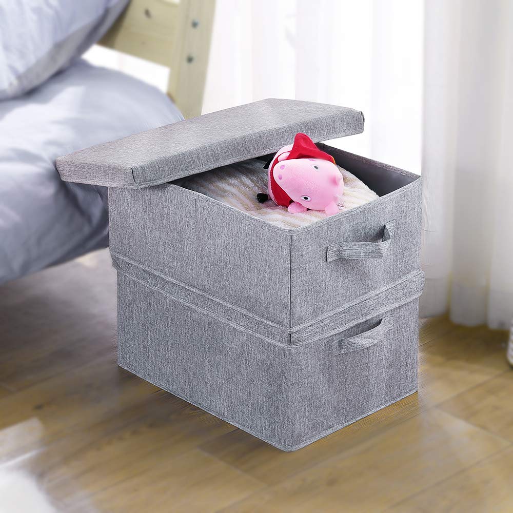 HOONEX Linen Foldable Storage Bins with Lids, 2 Pack, Storage Boxes with Carrying Handles and Study Heavy Cardboard, 16.5" L x 11.8" W x 7.5" H for Toy, Shoes, Books, Clothes, Nursery, Light Grey