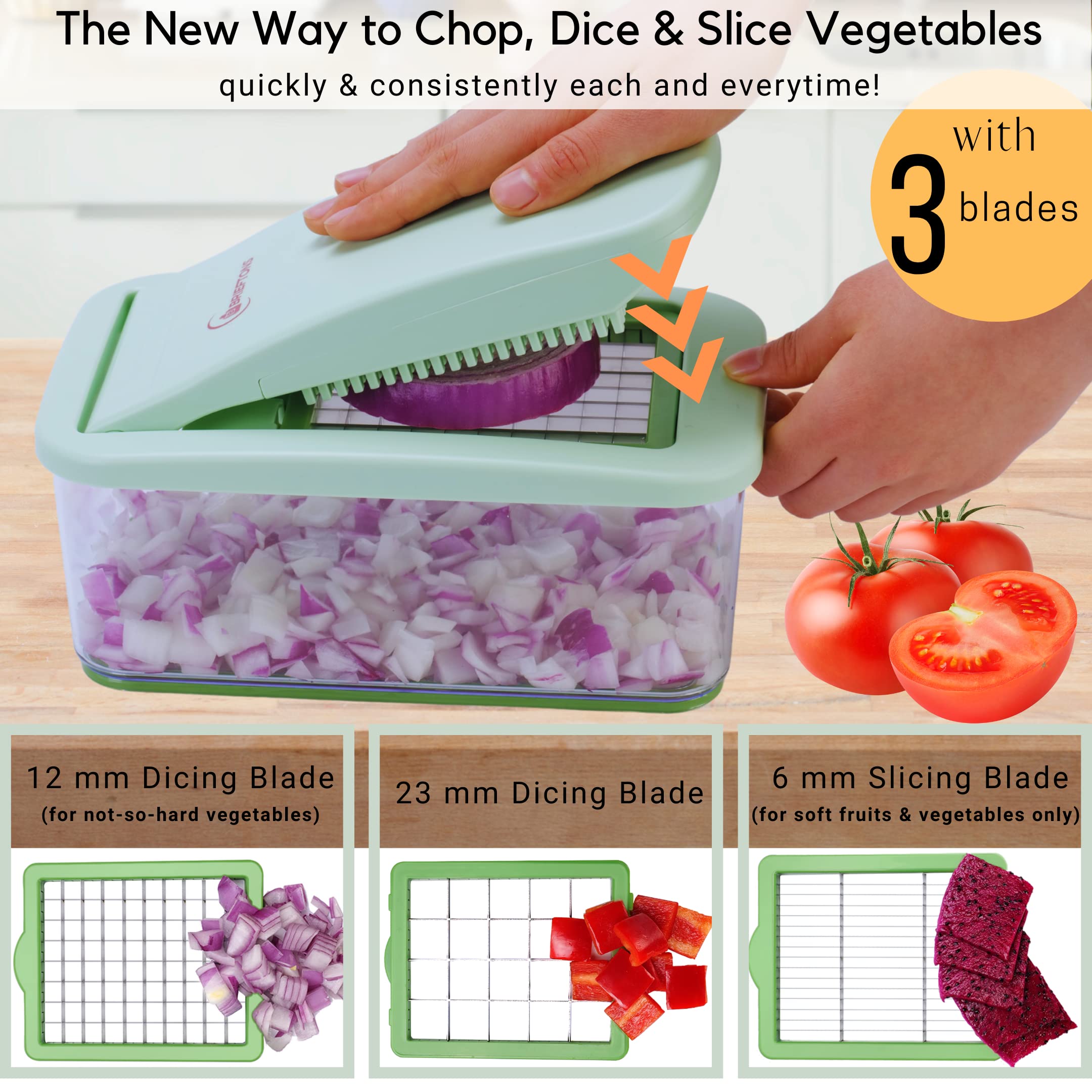 Brieftons QuickPush Food Chopper: Vegetable Chopper Dicer Slicer, Onion Chopper Vegetable Cutter, 3 Extra-Large Blades with 200% More Cutting Area to Chop Dice Slice Vegetables, 2.6-Quart Container