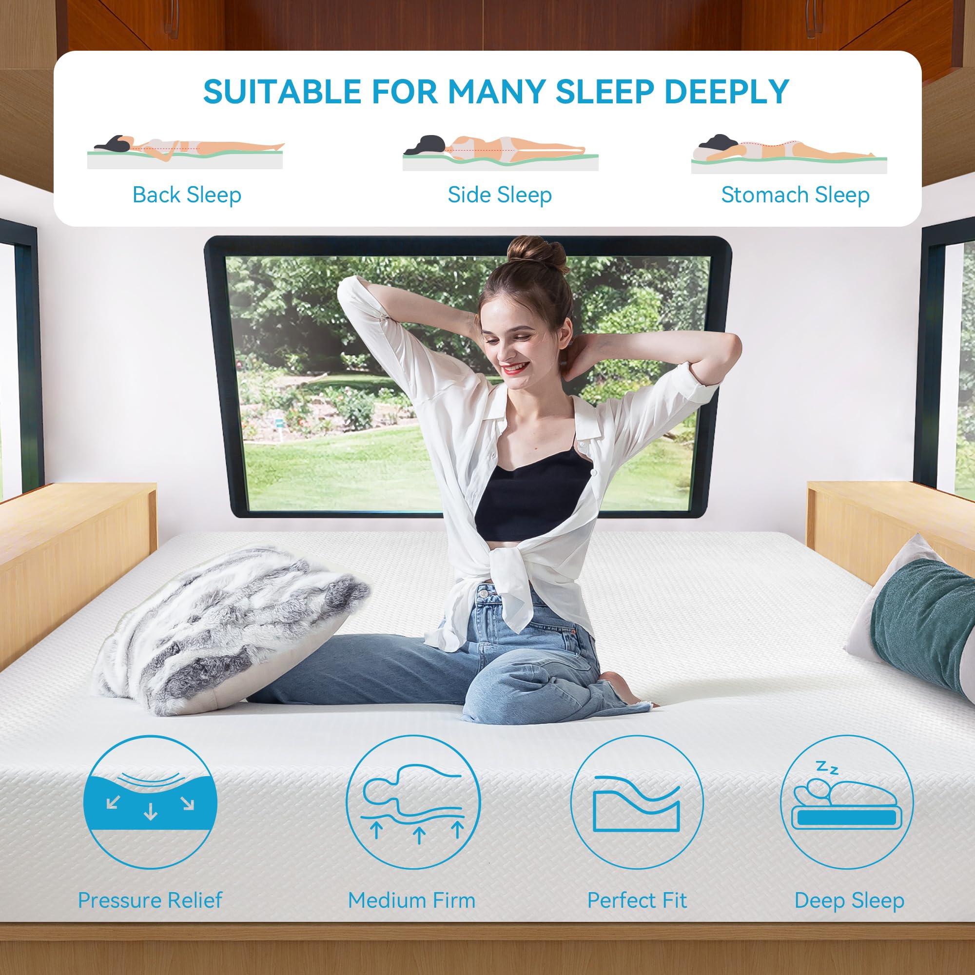 Opoiar 10 Inch Short Queen RV Mattress,Gel Green Tea Memory Foam Mattress for RVs, Campers & Trailers,Bed in a Box,Pressure Relief,Medium Firm,Back Supportive,Made in USA