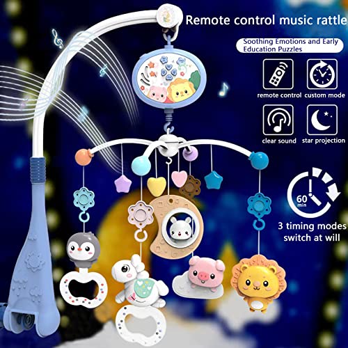 Remote Control Crib Toy,with Remote Starry Sky Projector and Crib Hanging Toy, Can Be Rotated 360°,Timed,Musical,Baby Cradle Mobile Toy, Suitable for Newborn Baby Gifts (Blue + Charging Models)