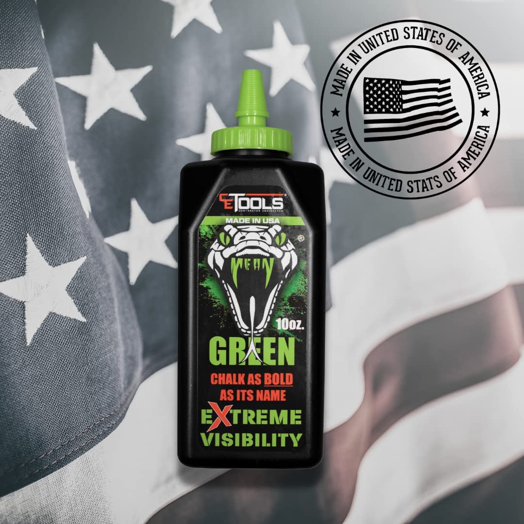 CE TOOLS Snapback® Chalkline with Releasable Tip & Mean Green® EXTREME VISIBILITY Marking Chalk - Made in USA
